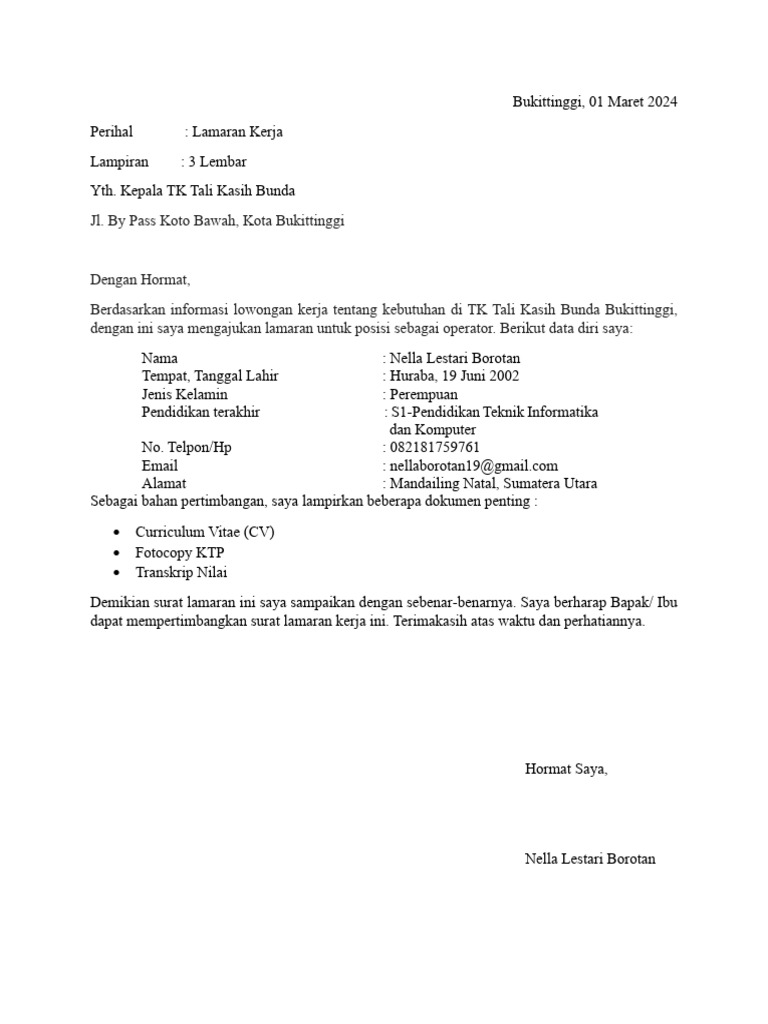 Surat Lamaran TK Tali Kasih Bunda BKT | PDF | Karier & Perkembangan