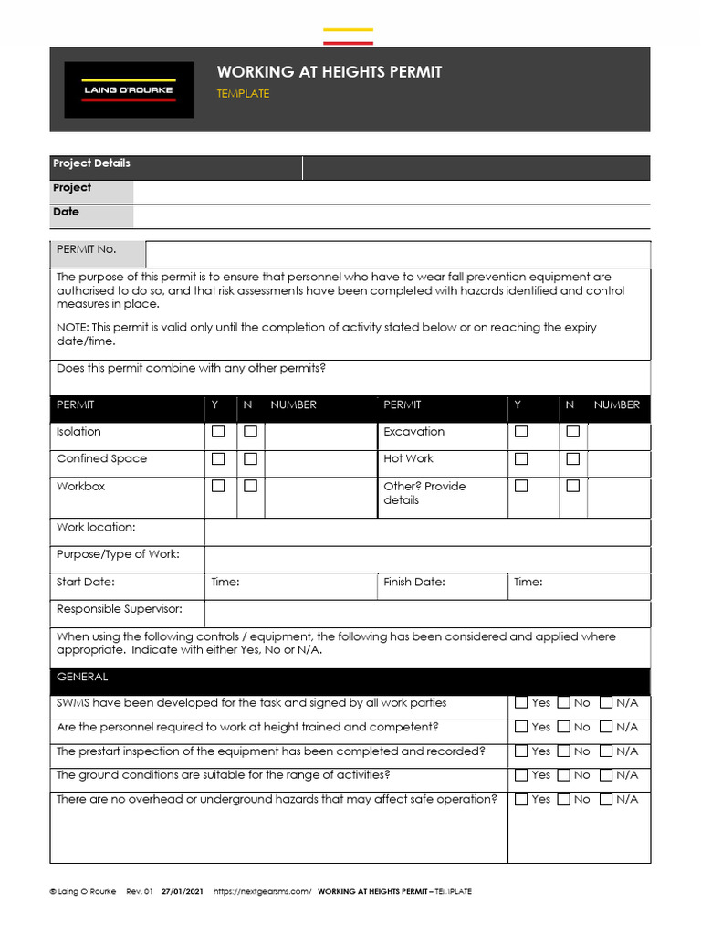 Working at height permit | Download Free PDF | Safety | Occupational ...