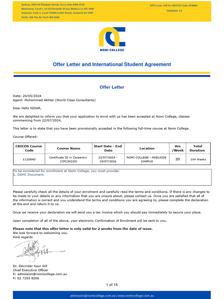 Nomi College Offer Letter for Carpentry | PDF | Fee | Vocational Education