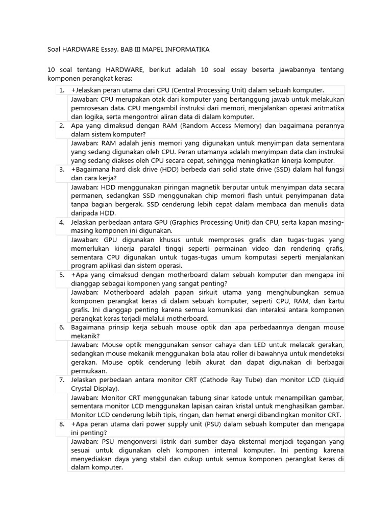 Soal HARDWARE Essay BAB III MAPEL INFORMATIKA | PDF | Game & Aktivitas | Komputer