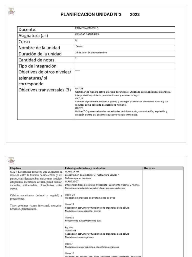 Planificación Unidad 3: Célula 8° 2023 | PDF | Biología Celular) | Plantas
