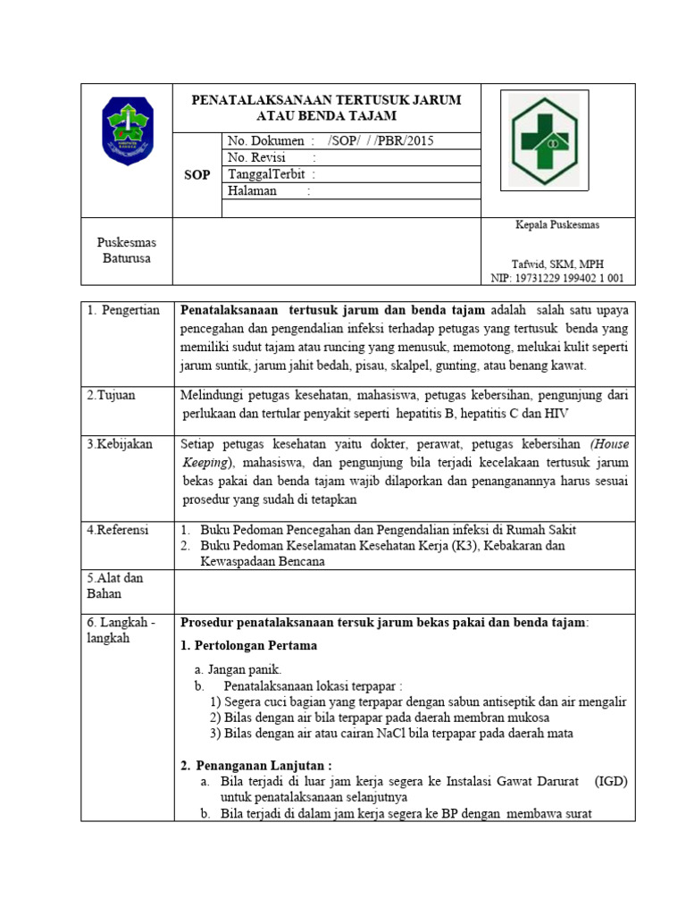 SOP - Penatalaksanaan Tertusuk Jarum | PDF