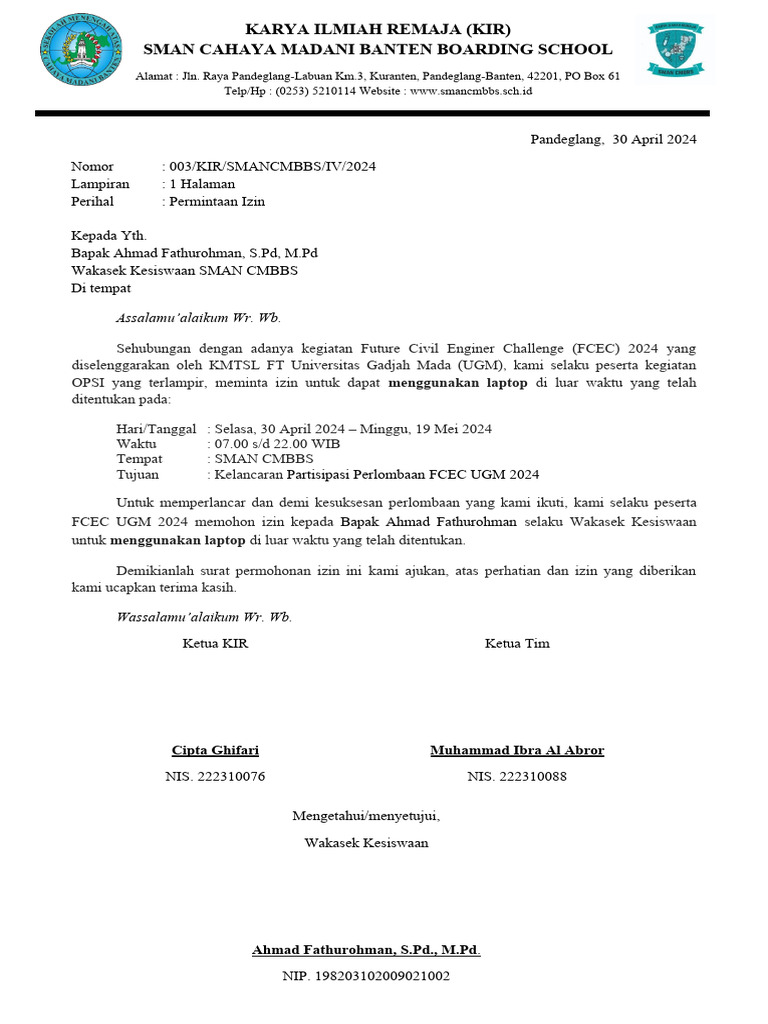 Surat Perizinan Laptop KIR - FCEC UGM 2024 | PDF