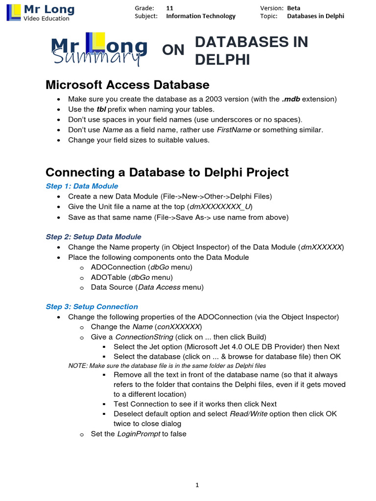 Databases in Delphi-Mr-Long-Summary | PDF | Microsoft Access | Databases