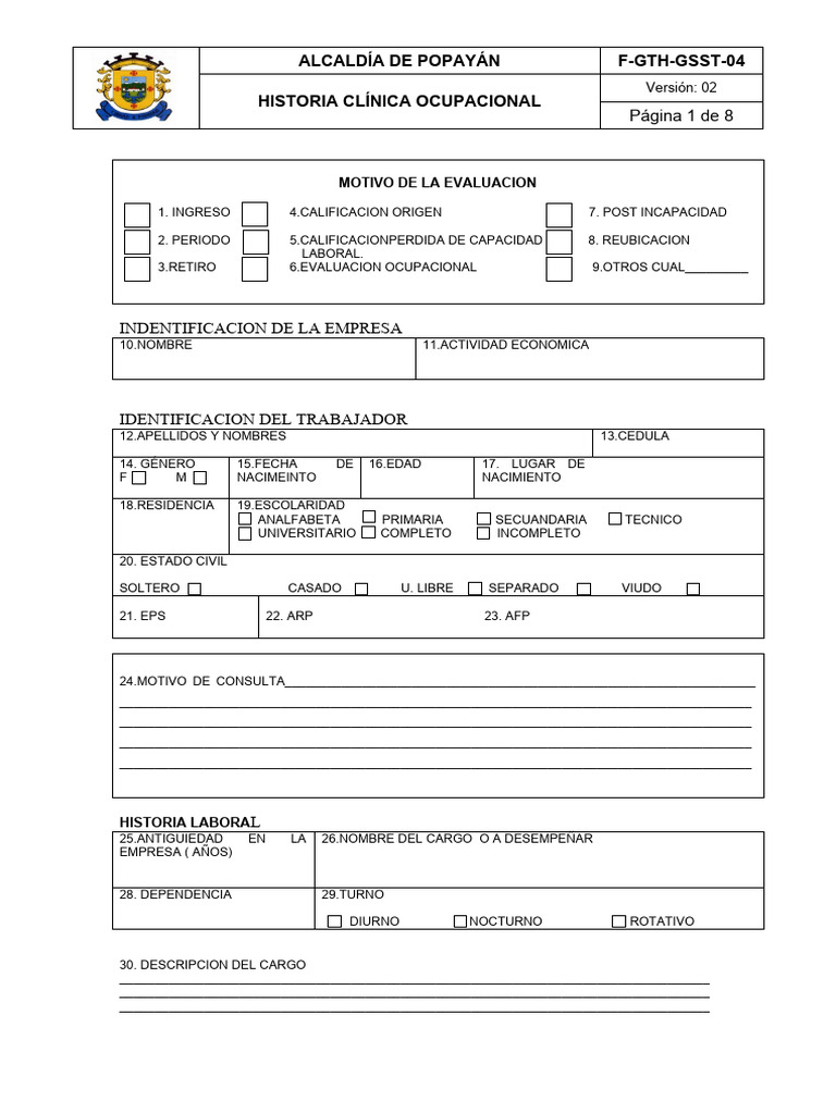 Historia Clinica Ocupacional | PDF | Medicina CLINICA | Enfermedades y trastornos humanos