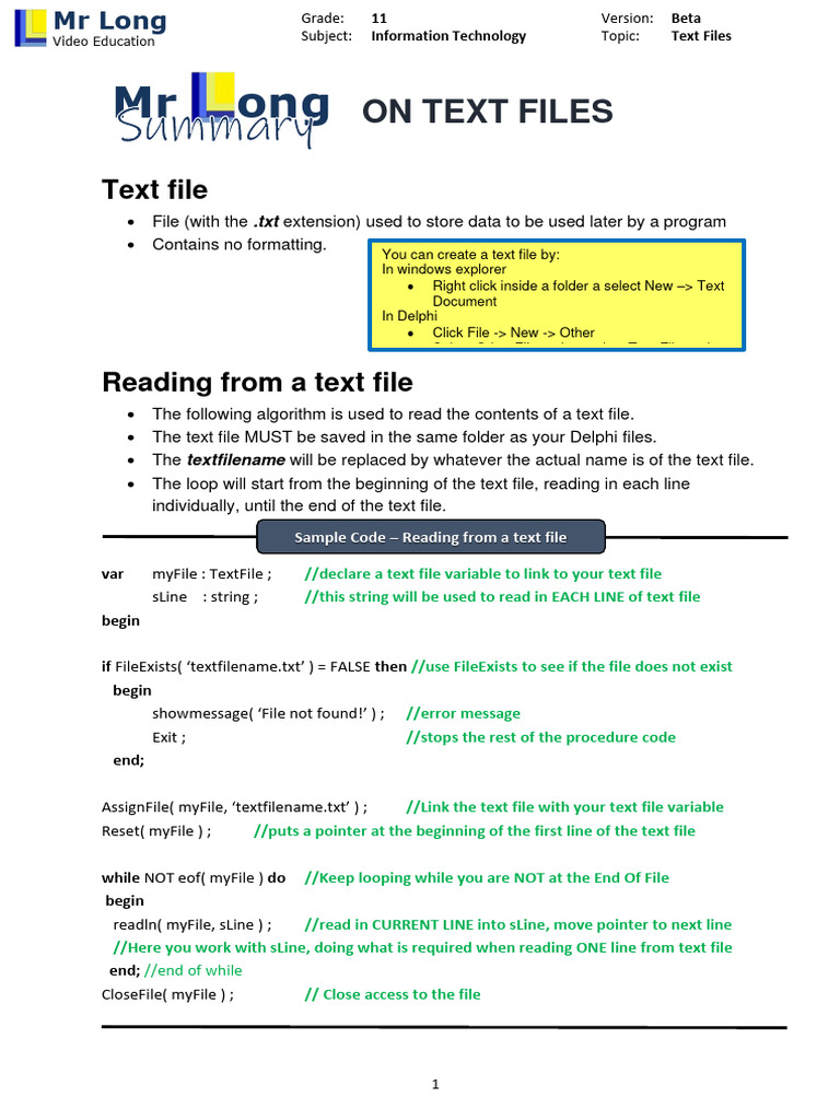 Working with Text Files in Delphi | PDF | Computer File | Text File