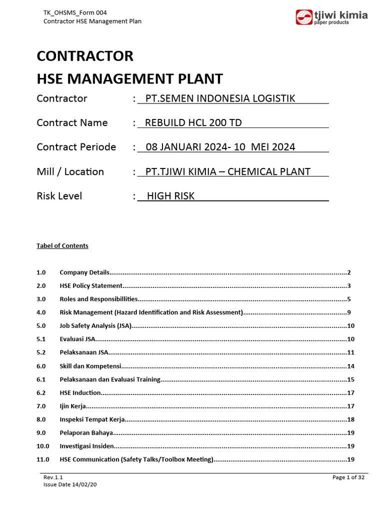 TK - OHSMS - Form 004 CHSE Management Plan R 1 | PDF | Teknologi & Rekayasa
