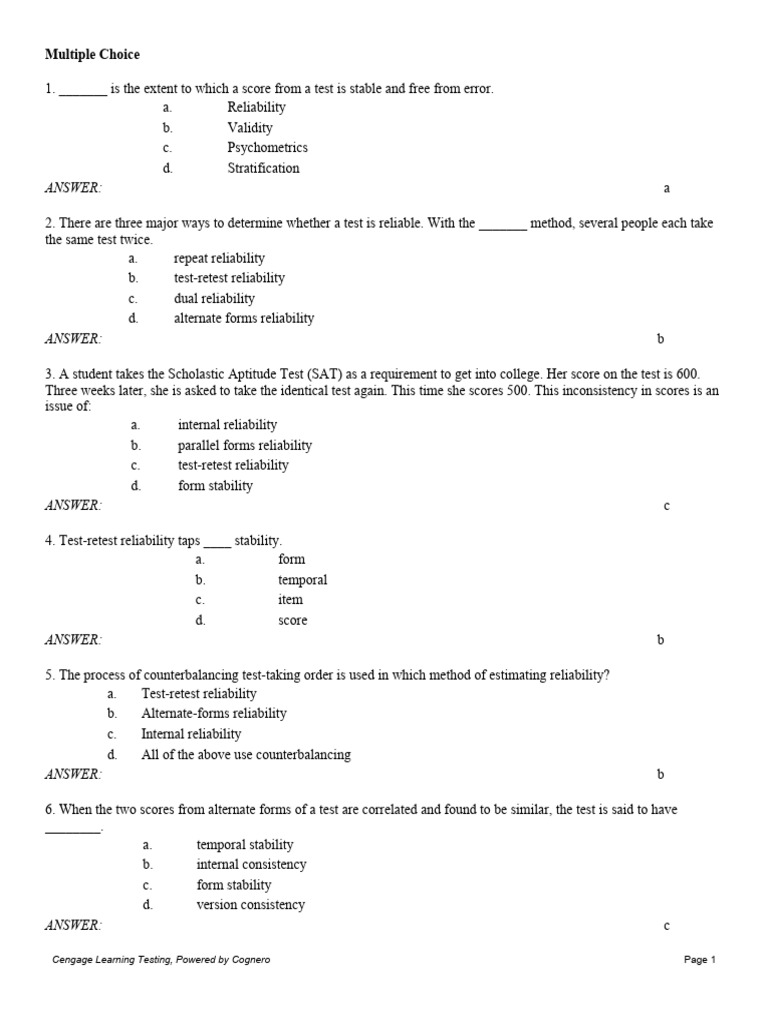Psychometrics Quiz for Students | PDF | Validity (Statistics) | Cronbach's Alpha