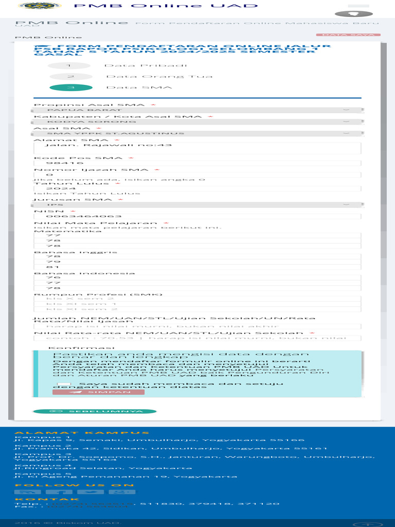 Form Pendaftaran Online Mahasiswa Baru UAD PMB Online | PDF