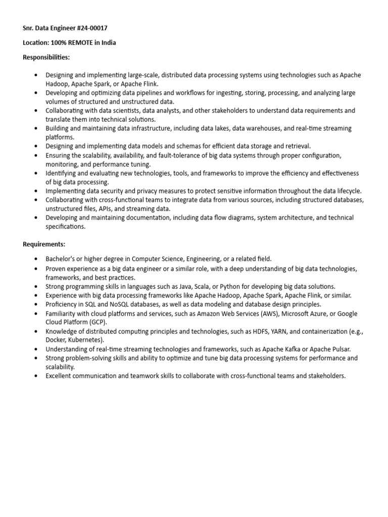SNR Data Engineer #24-00017 in India | PDF | Big Data | Apache Hadoop