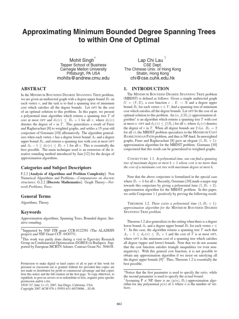 Approximating Minimum Bounded Degree Spanning Tree To Within One of Optimal | PDF | Linear ...