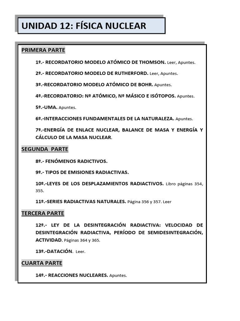 Unidad 12. F-Sica Nuclear | Descargar gratis PDF | Núcleo atómico | Desintegración radioactiva