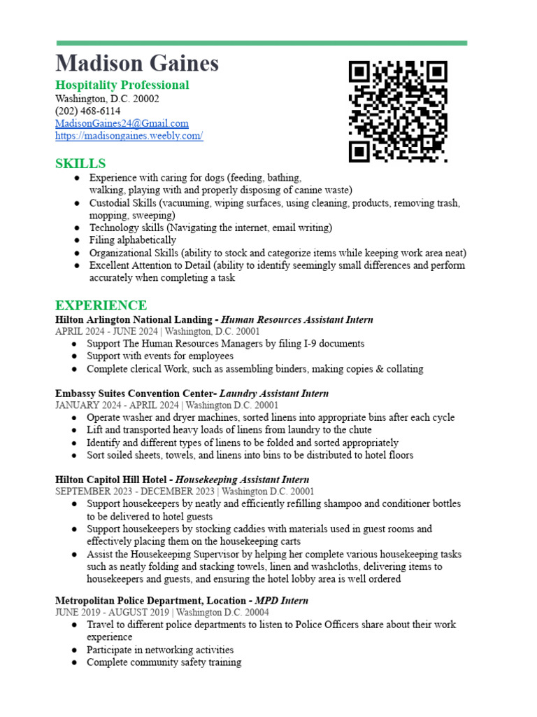 Madison Gaines Resume 23-24 | PDF | Housekeeping | Linens
