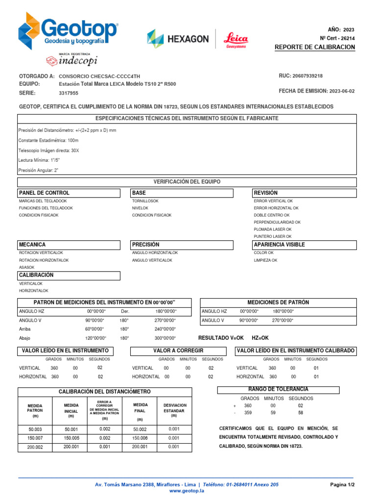 Cert 26214 - Consorcio Checsac-Cccc4th - Estacion Total | PDF | Calibración | Metrología