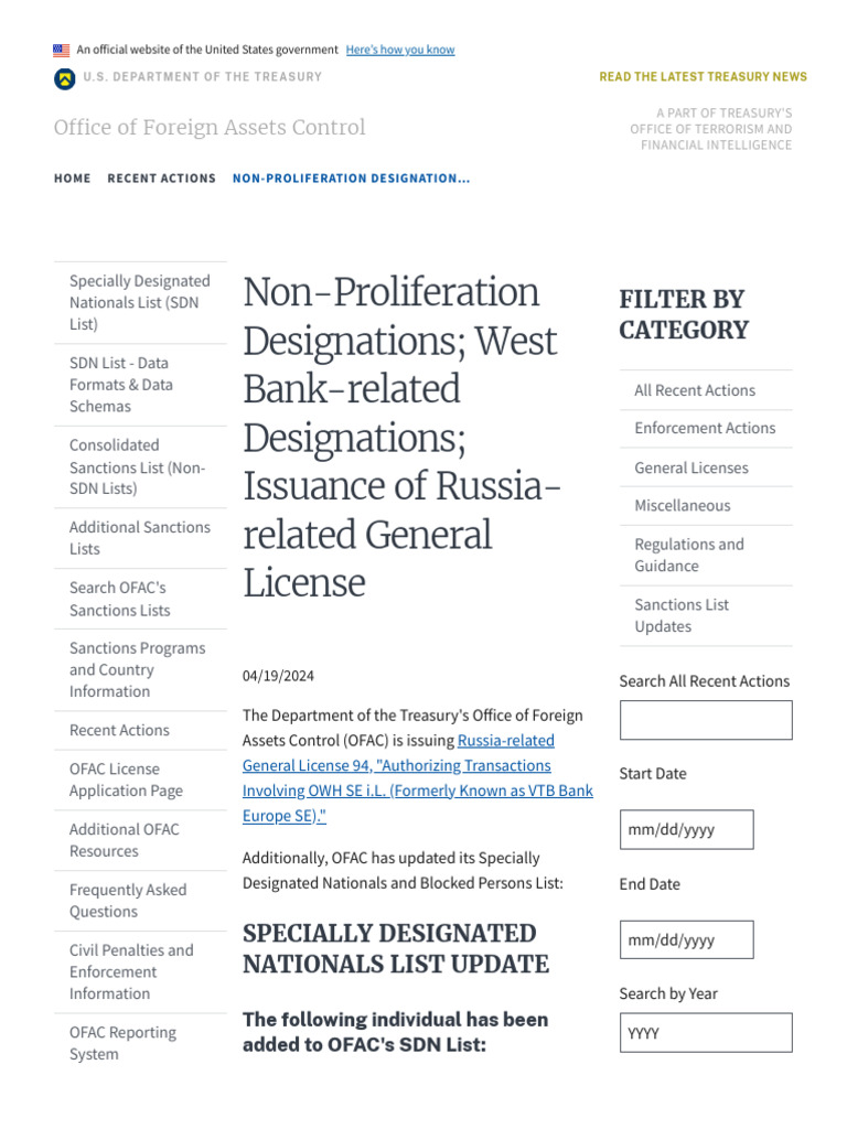 Non-Proliferation Designations West Bank-Related Designations Issuance ...