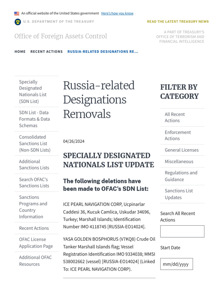 Russia-Related Designations Removals: Filter by Category | Download Free PDF | Office Of Foreign ...