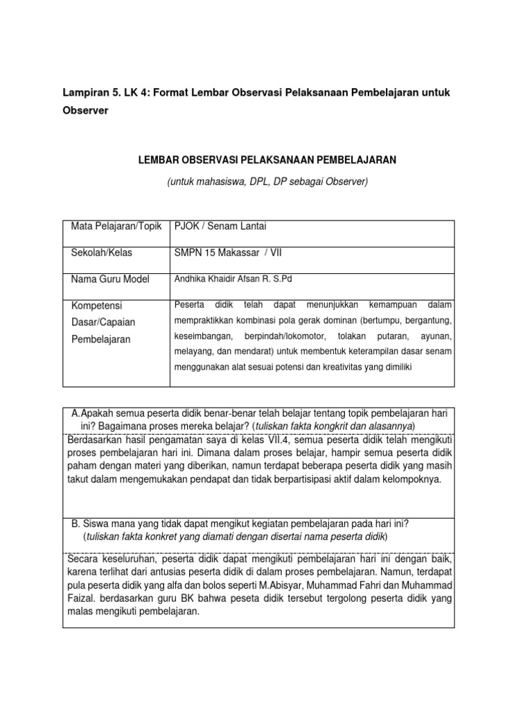 Topik 4 - Siklus 2 - Lampiran 5. LK 4 Format Lembar Observasi Pelaksanaan Pembelajaran Untuk ...