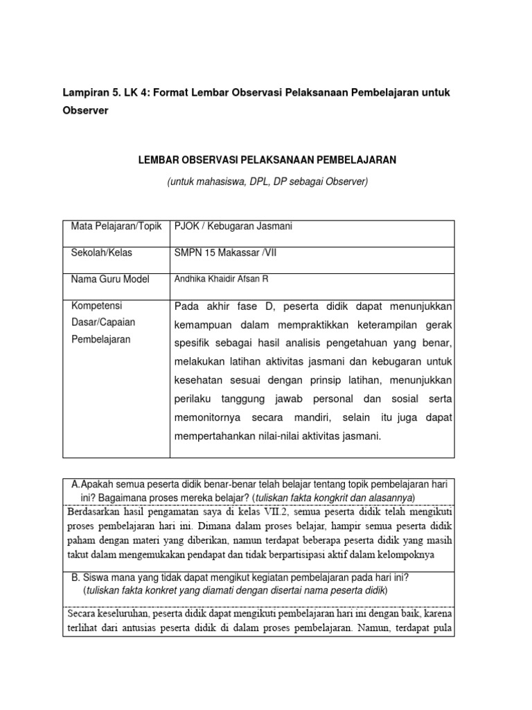SIKLUS 3 - Lampiran 5. LK 4 Format Lembar Observasi Pelaksanaan Pembelajaran Untuk Observer ...
