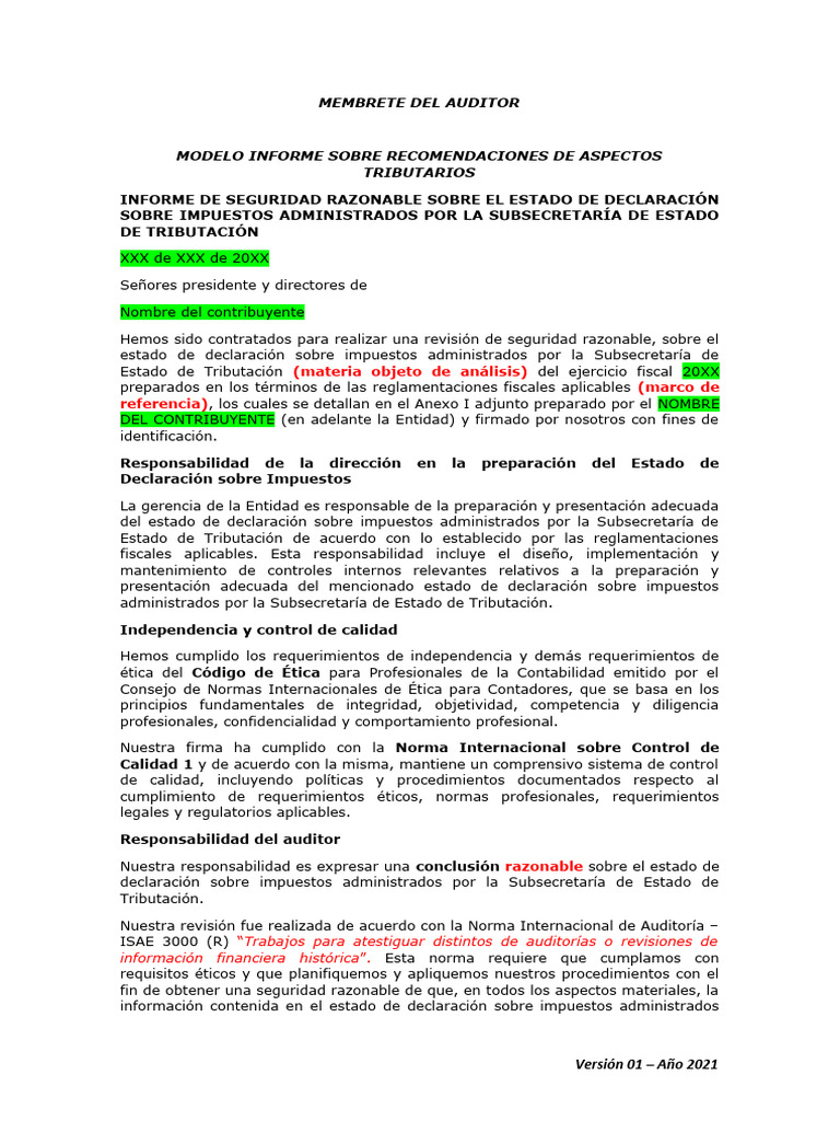 0.modelo Informe Del Auditor | PDF | Auditoría | Contralor