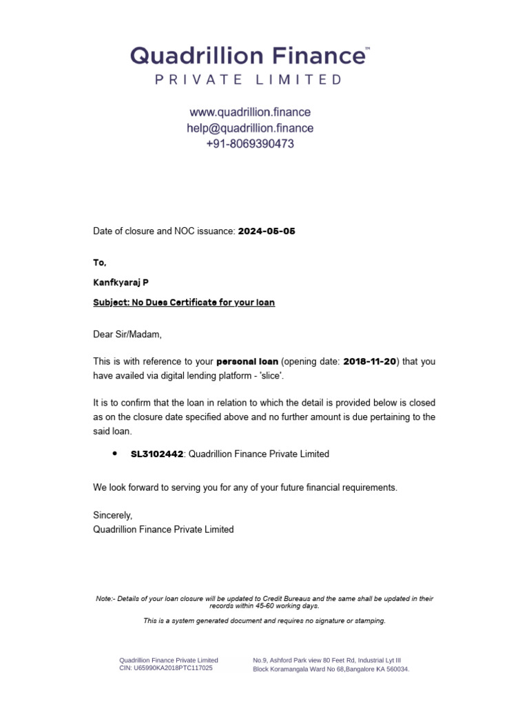 Loan Closure Confirmation - Quadrillion Finance | PDF