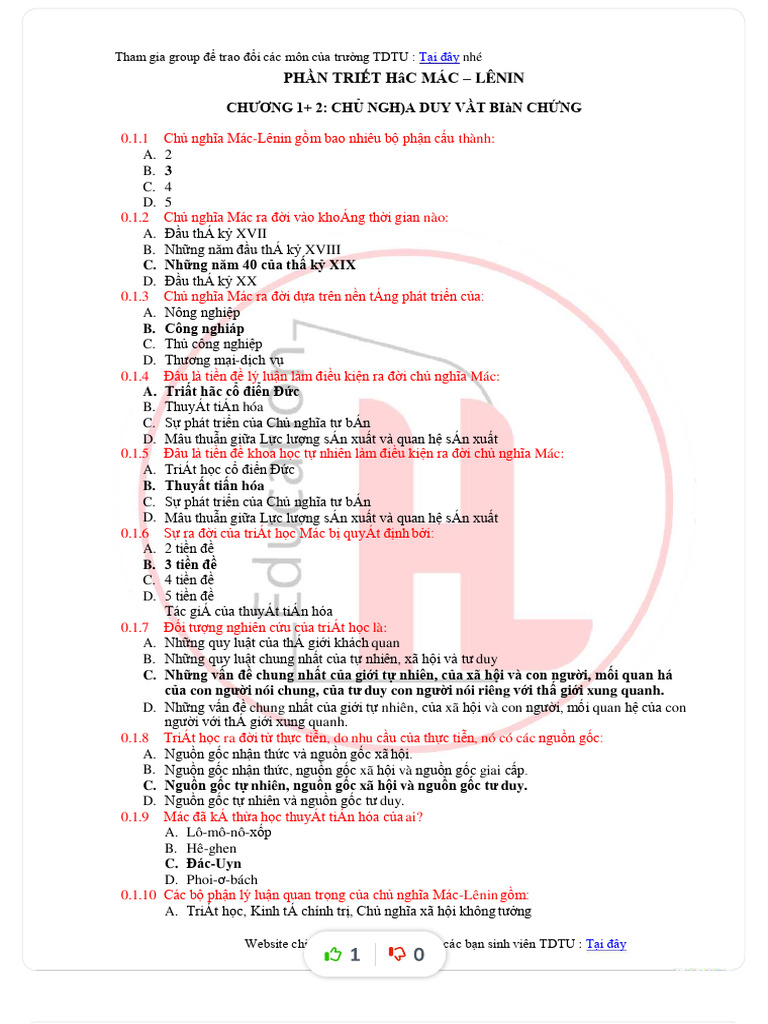Trac Nghiem Chuong 1 Chuong 3 Mon Triet Hoc Mac Lenin Da Chuyen Doi Compress | PDF