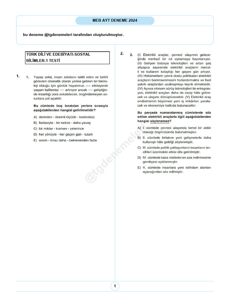 @tgdenemeleri 2024 Meb TG Ayt Denemesi̇ | PDF