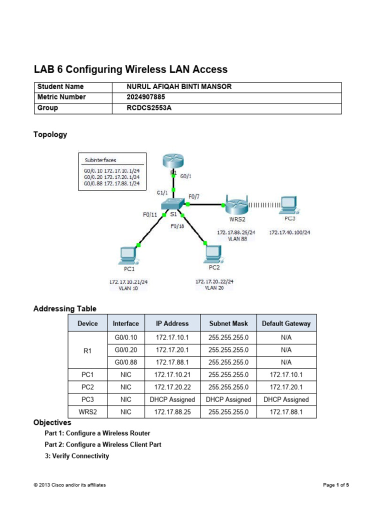Lab 6 - Configuring Wireless LAN | PDF | Wireless Lan | Ip Address