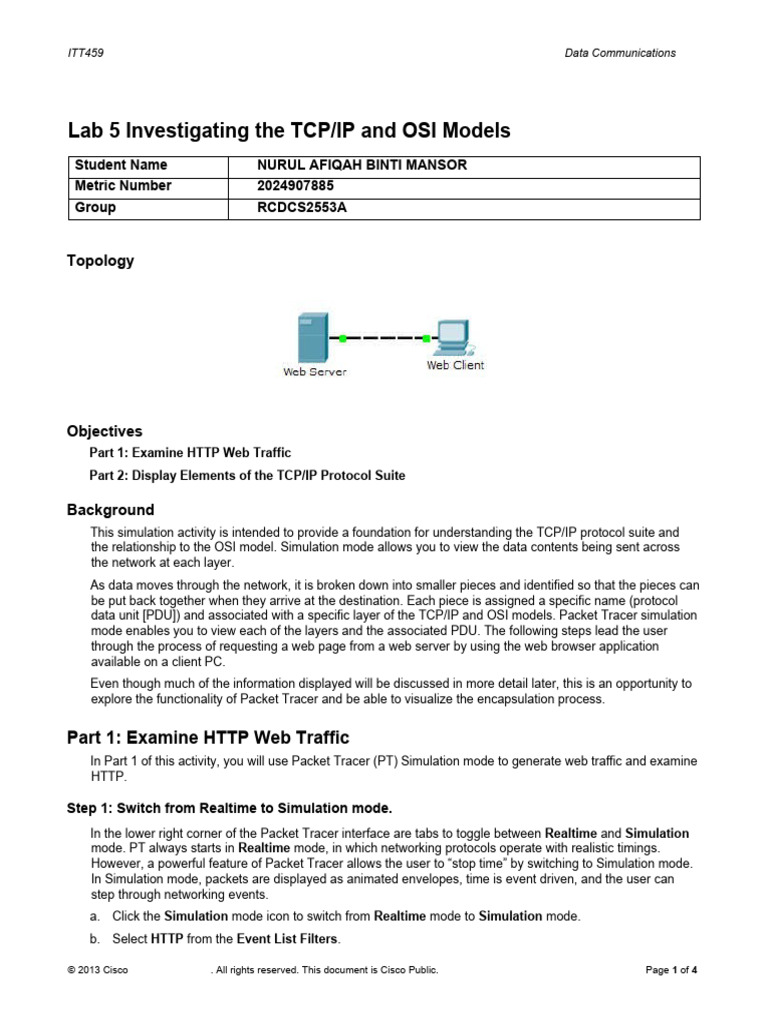 Lab 5 Investigating The TCPIP and OSI Models | PDF | Osi Model | Internet Protocol Suite