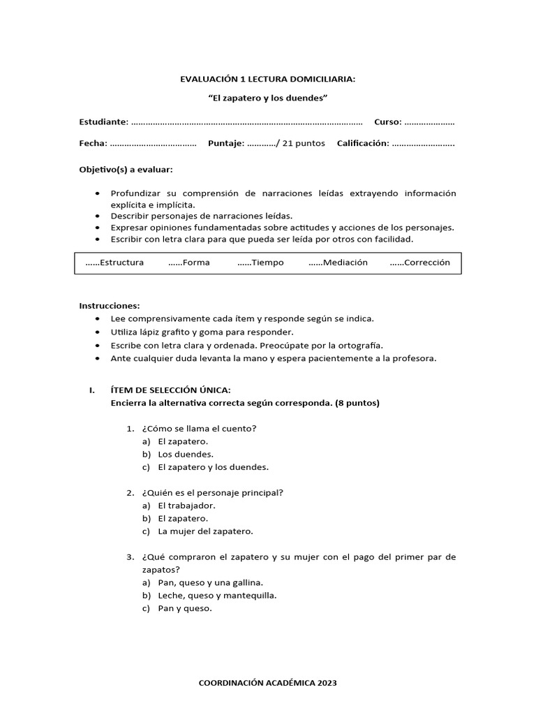 El Zapatero y Los Duendes PRUEBA LENGUAJE | PDF