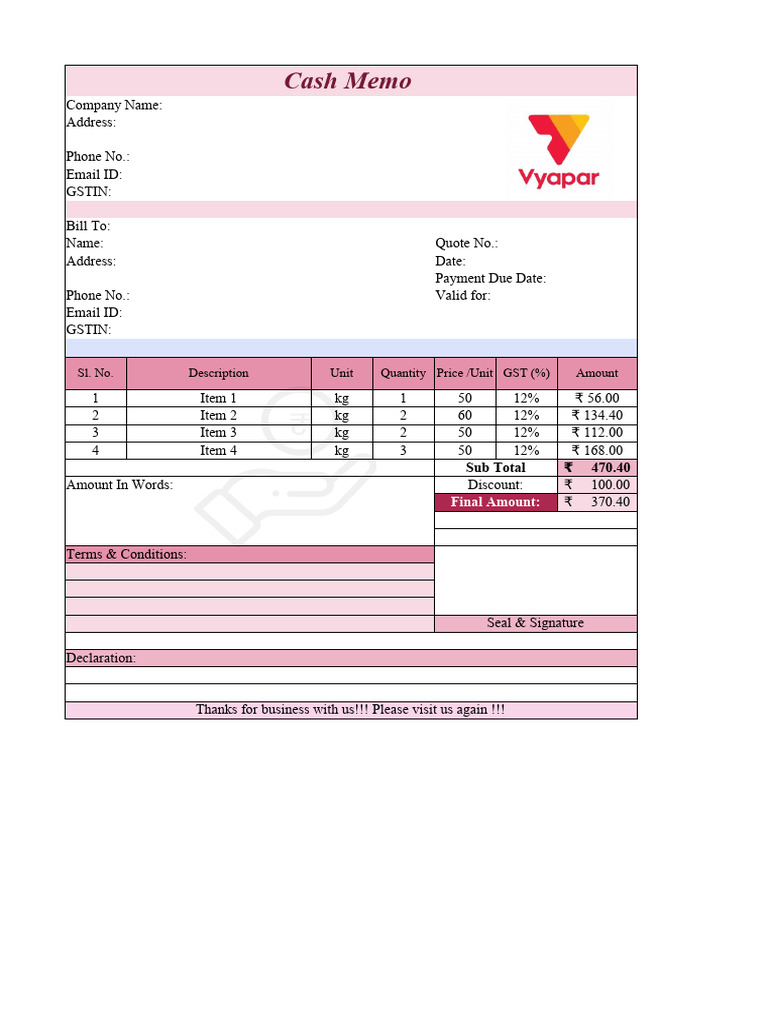 Cash Memo Bill Book Format 1 | PDF | Finance & Money Management