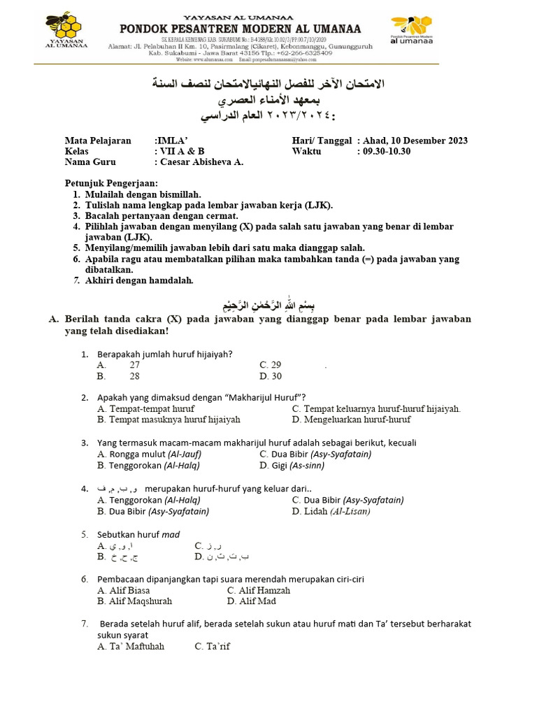 Draft Soal Imla' VII AB PSAS | PDF