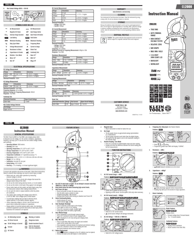 CL2000 Manual English | PDF | Power Supply | Root Mean Square