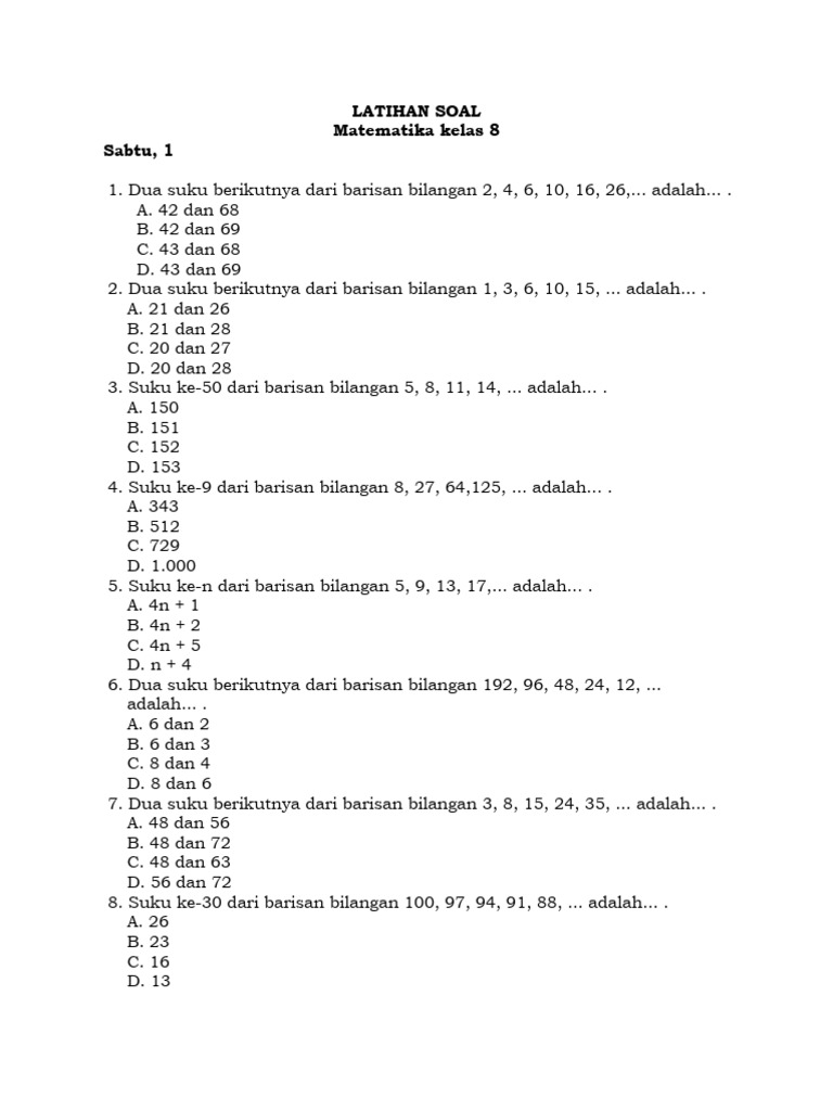 LATIHAN SOAL MTK Kelas 8 | PDF