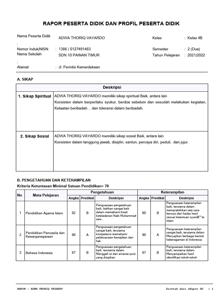 Rapor - Kelas 4B - 20212 | PDF