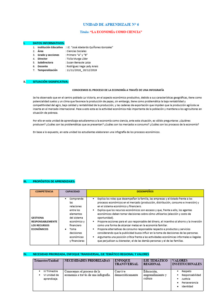 Unidad de Aprendizaje #6 Primer Grado | PDF | Ciencias económicas ...