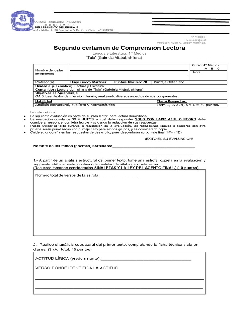 Segundo Certamen de Comprensión Lectora - Tala de Gabriela Mistral ...