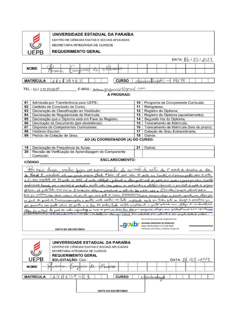 Requerimento Revisão de Nota ADM | PDF