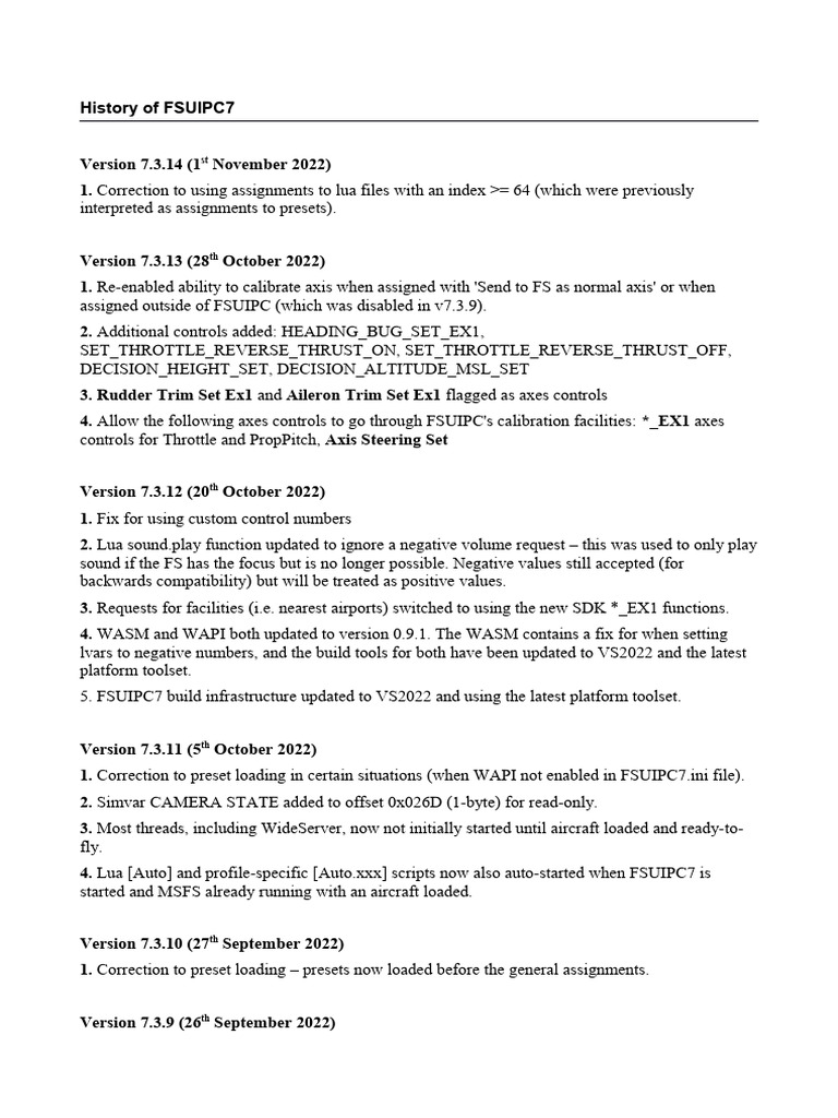 FSUIPC7 History | PDF | Parameter (Computer Programming) | Command Line Interface