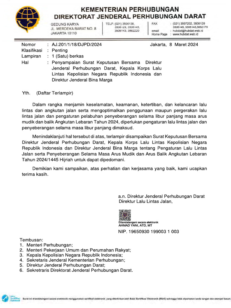 SKB Pengaturan Lalu Lintas Jalan Dan Penyeberangan Angkutan Lebaran 2024 | PDF