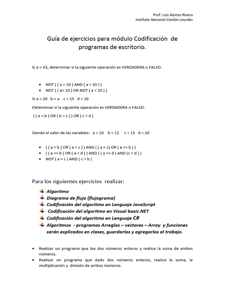 Guía de Ejercicios para Módulo Codificación de Programas de Escritorio | PDF | Algoritmos ...