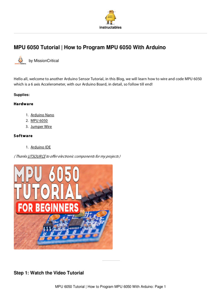 Mpu 6050 Tutorial How To Program Mpu 6050 With Ard Pdf Arduino Computer Engineering 