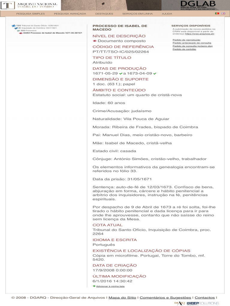 Processo de Isabel de Macedo - Arquivo Nacional Da Torre Do Tombo ...