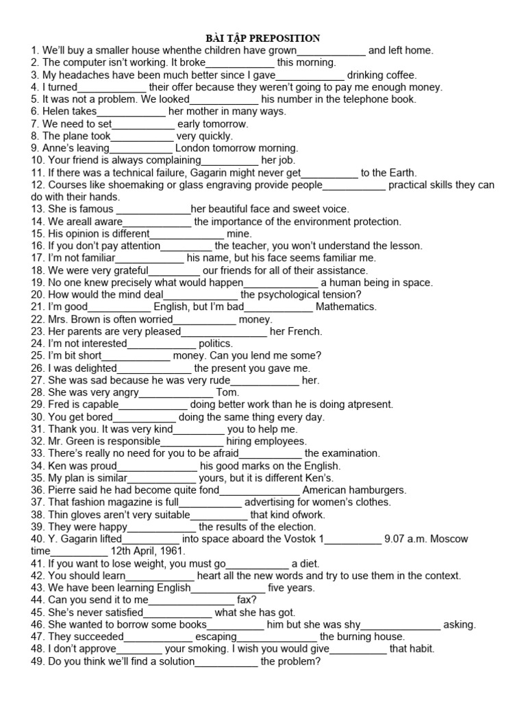 BÀI TẬP PREPOSITION | PDF
