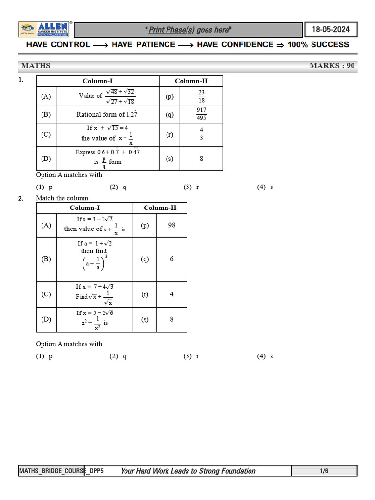 Maths Bridge Course DPP5 Questions | PDF | Mathematics
