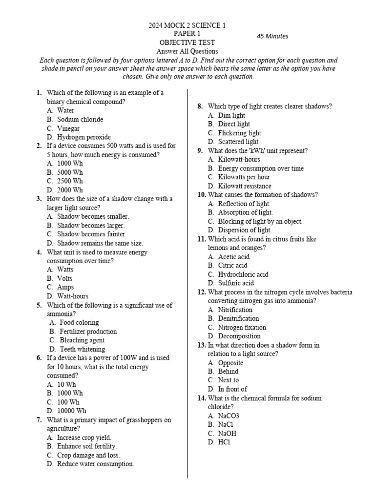 Science Bece Mock 1 2024 | Download Free PDF | Blood | Ph