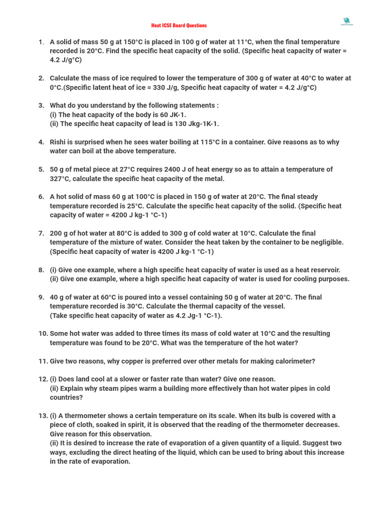 Heat ICSE Board Questions | PDF | Heat | Latent Heat