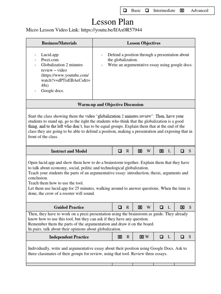 Globalization Argumentative Lesson Plan | PDF | Essays | Lesson Plan
