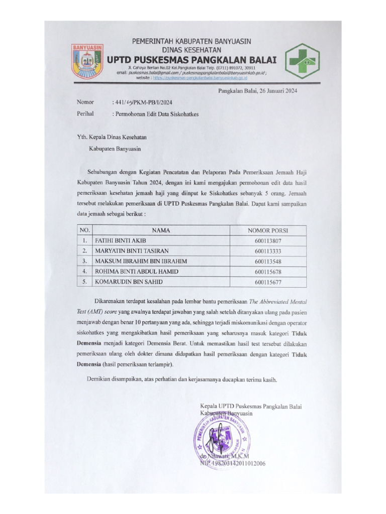 Surat Permintaan Edit Data Siskohatkes UPTD Puskesmas Pangkalan Balai | PDF
