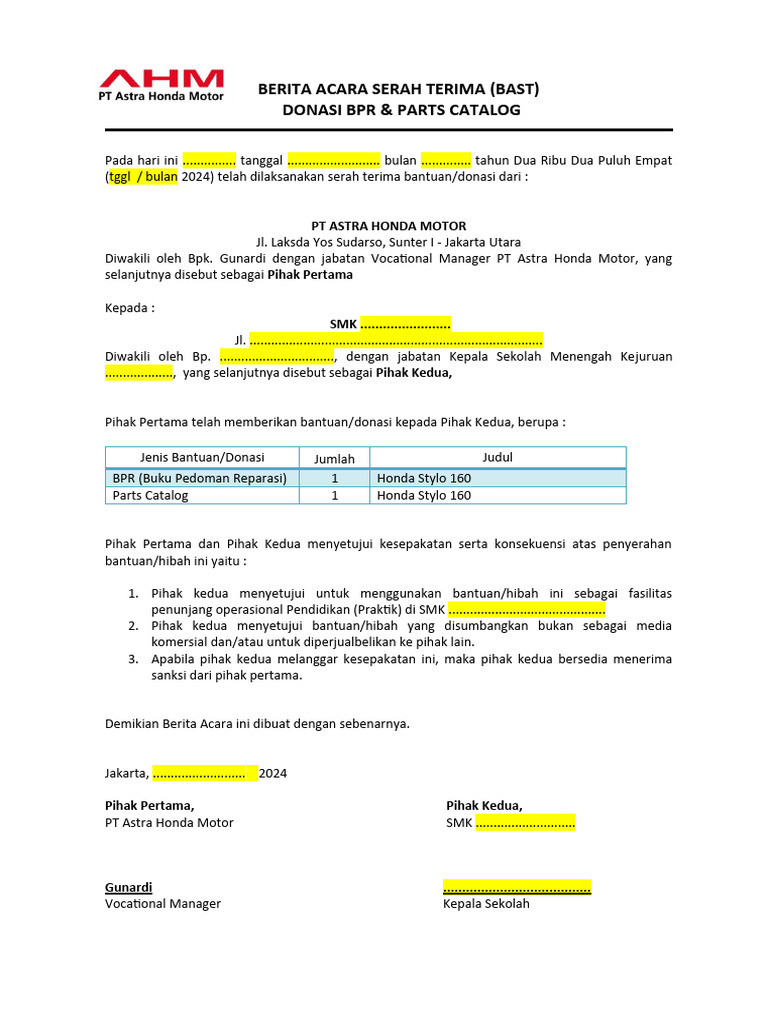 Form BAST Serah Terima BPR & Part Catalog Ke SMK | PDF