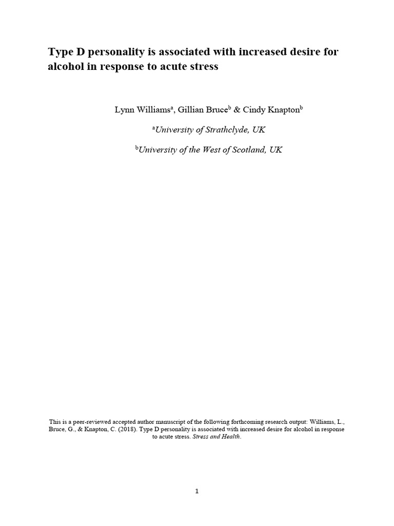 Type D Personality Is Associated With Increased Desire For Alcohol in ...